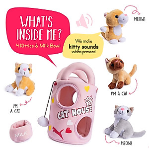 Plush Creations Talking Plush Cat House for Kids Includes Plush Cat House Carrier with 4 Soft Stuffed Talking & Meowing Kittens & A Cat Plush Milk Bowl Best Interactive Toy for Babies Or Toddlers