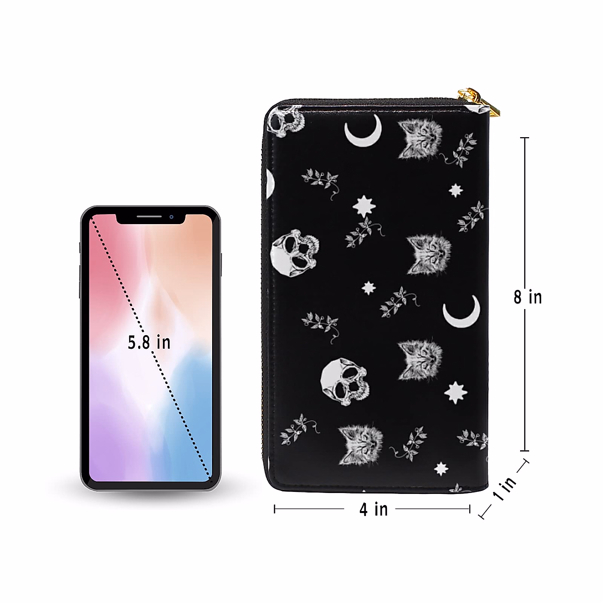 CHPGPUG Women's Skull Cat Moon Long Wallet,Zippered Coin Purse,PU Leather Clutch Wallet