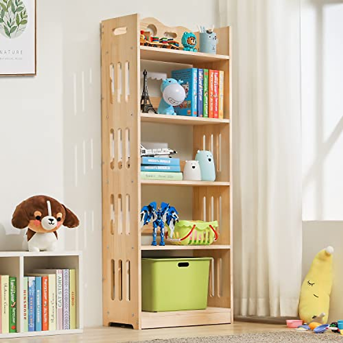 MoNiBloom 5 Tier Bookcase with Open Shelves, Solid Wood Storage Organizer Book Shelf Cabinet Display Organizer for Kids Room Living Room Bedroom, Natural