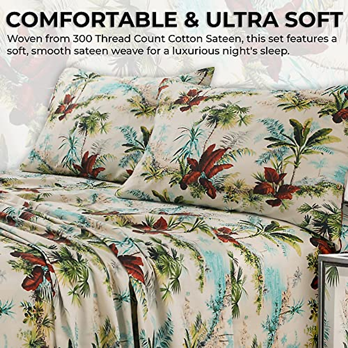 Tribeca Living Full Size Bed Sheet Set, Soft Cotton Sateen Printed Sheets Tropical Print, Extra Deep Pocket, 300 Thread Count, 4-Piece Bedding Sets, Paradise Island Multi, (PARASL4PSSFU)