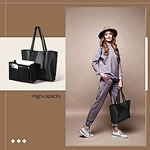 Black Work Tote Handbags for Women Tote Purse with Purse Organizer PU Leather Tote Bag Large Women's Tote Bags and Bag Organizer Insert with Zipper Pouch Lining, Layered Storage for Easy Organization