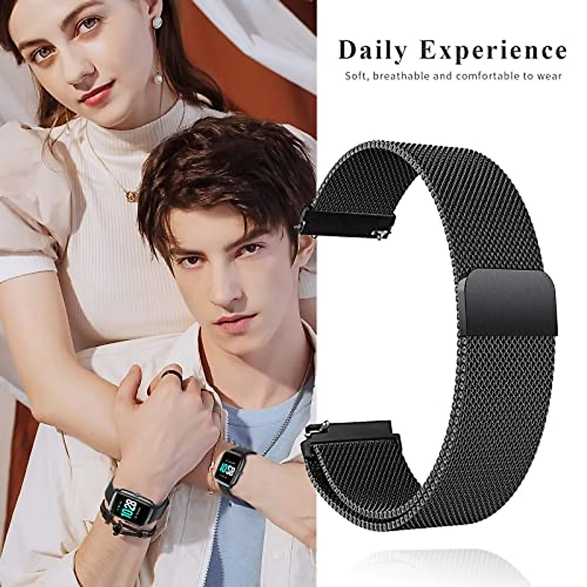 Snyeest Magnetic Bands Compatible with 19mm ID205L Veryfitpro Smartwatch, No Buckle Design, Stainless Steel Mesh Loop Replacement Strap for Men Women for ID205L, ID205G ID205 ID205U ID205S, Black