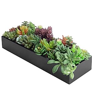 MyGift Artificial Succulent Centerpiece,15.75 Inch Faux Succulents Arrangement Plants in Sleek Black Wooden Rectangular Planter Box