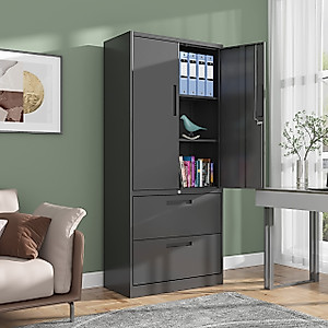 SISESOL Metal Storage Cabinet with Drawers, 71" File Cabinets for Home Office, Locking Steel Storage Cabinet with Doors and Shelves for Home, Office, Warehouse, Garage, School (Black, 2 Drawers)