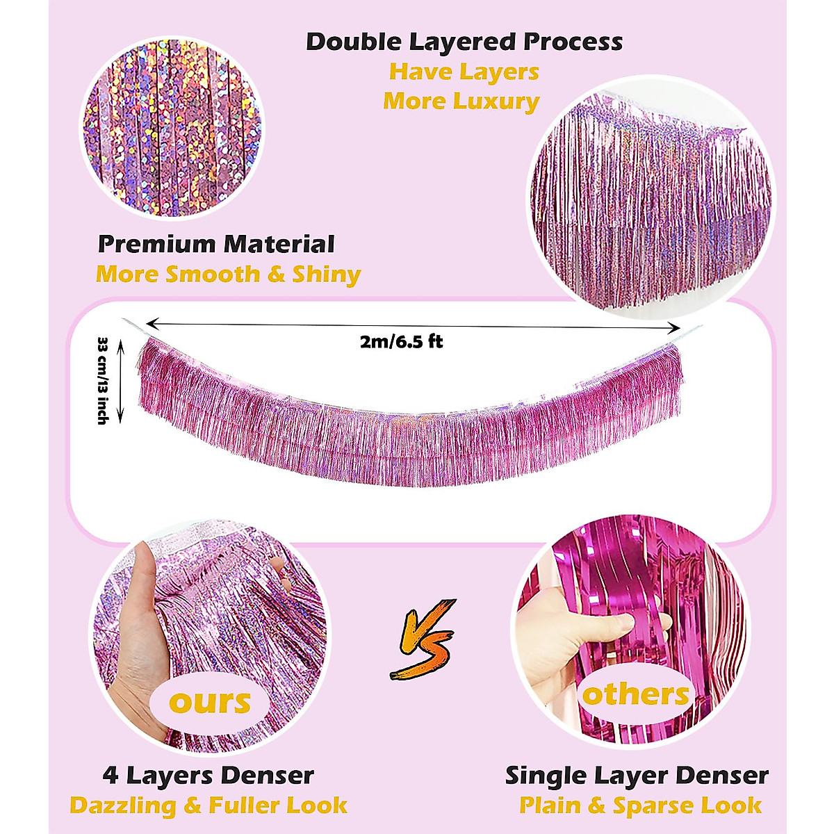 Sharonlily 2 Pack Glitter Pink Foil Fringe Garland-4 Layers Thick | Shiny Metallic Tinsel Streamers, Hanging Fringe Banner for Wedding Christmas Decoration Home Hanging Parade Floats