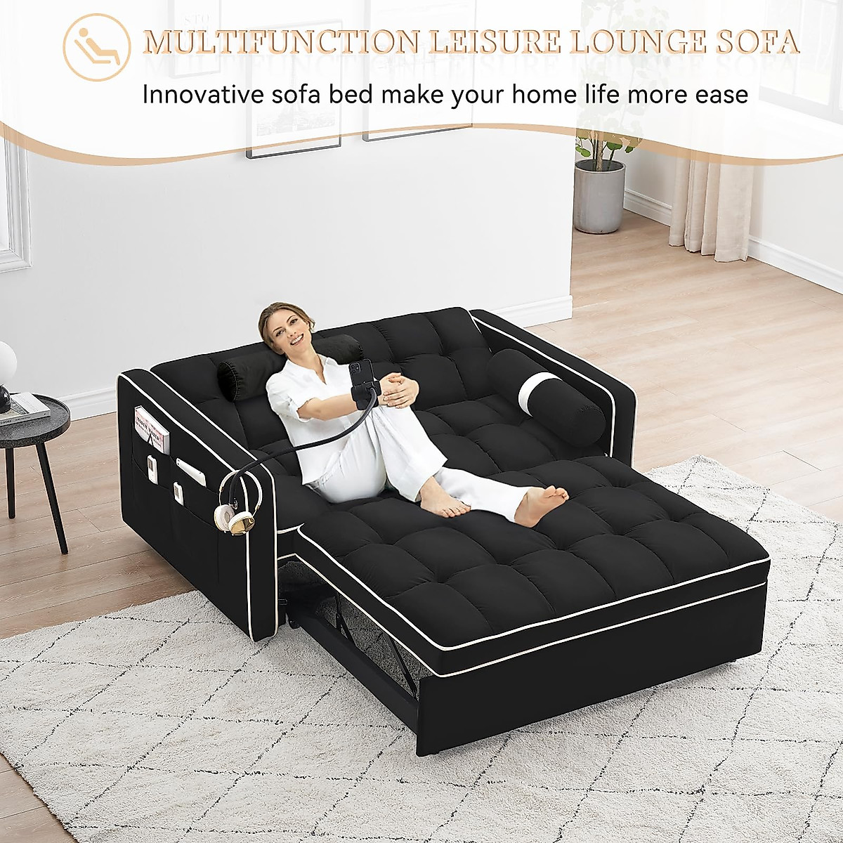 Antetek Upgraded Sleeper Sofa Couch Bed with Phone Holder, 3 in 1 Small Modern Convertible Velvet Loveseat Futon Sofa w/Pullout Bed, Adjustable Backrest for Living Room Apartment, Small Space, Black