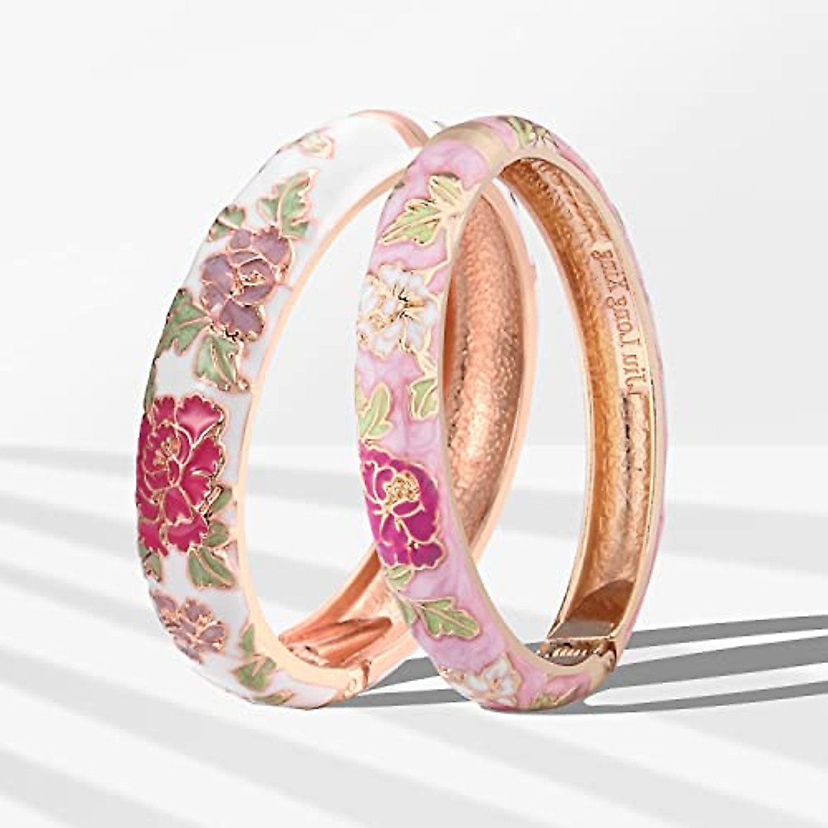 UJOY Fashion Cloisonne Bracelets Set Gold Plated Enameled Jewelry Spring Hinged Metal Cuff Bangles Gift Box Packed 55A106-55A113 white rose