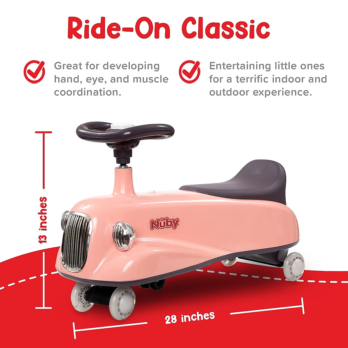 Nuby Twist N Ride Classic Ride on Cars - Riding Toys with Realistic Working Front & Back Lights - Fun Light Up Car Scooter with Music - Toys for 3 Years and Up - Aqua & Red Toy Scooter Car, Large