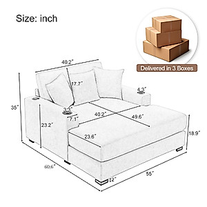 Brabrety Oversized Chaise Lounger Modern Style Sofa Couch,with Pillows, Charge Station & Cup Holders, Chenille Fabric (Cream-55in)