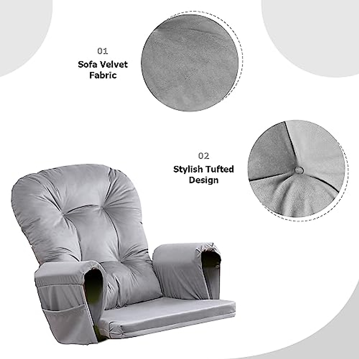 Osunnus 5PCS Rocking Chair Cushion Set Velvet Glider Rocker Replacement Cushions with Storage for Nursery Glider Rocking Chair, Gray