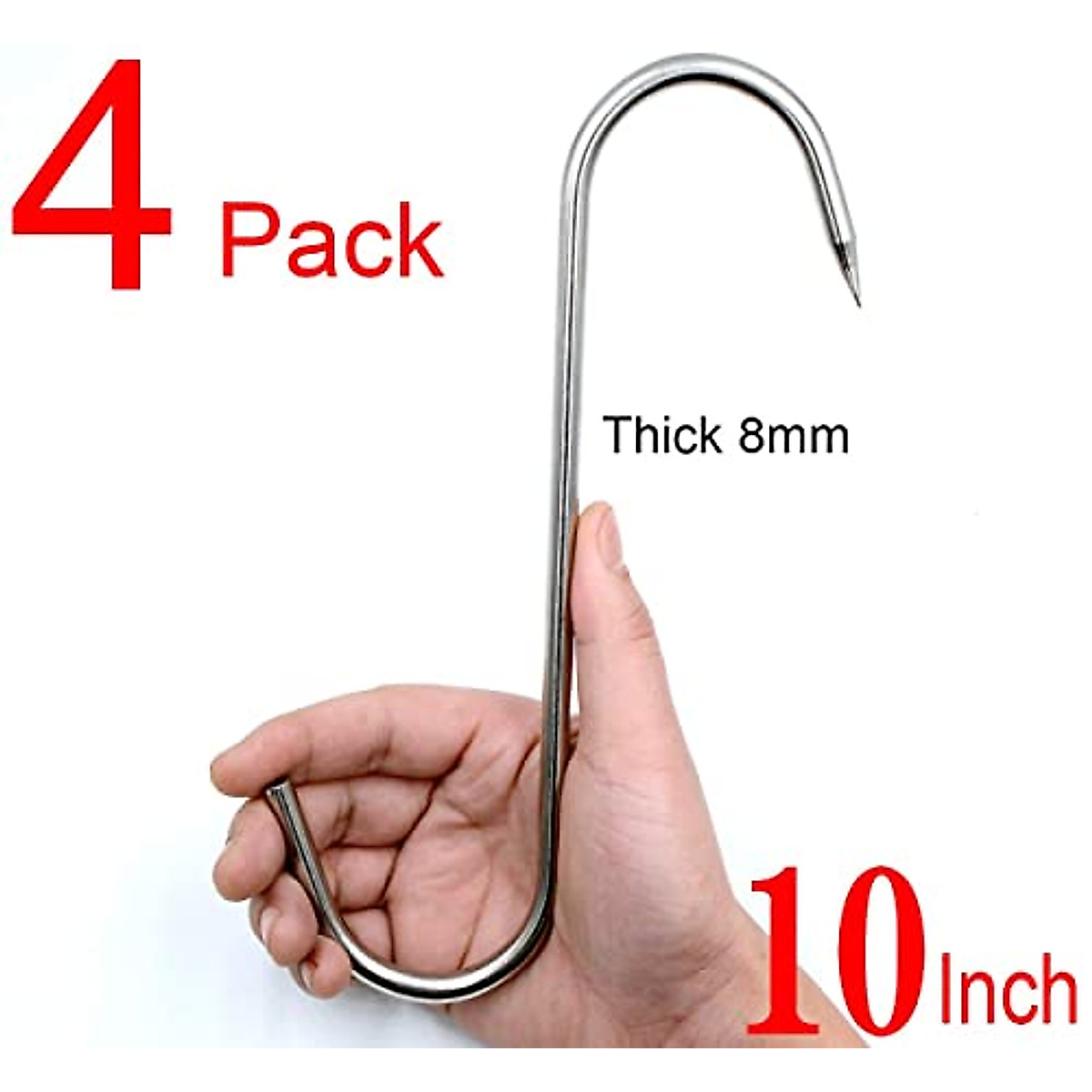 4pcs 10inch 8mm Thick Meat Hooks +4pcs 6inch 3mm S-Hook,Alele Stainless Steel Butcher Hook for Hanging Pork Belly or Beef