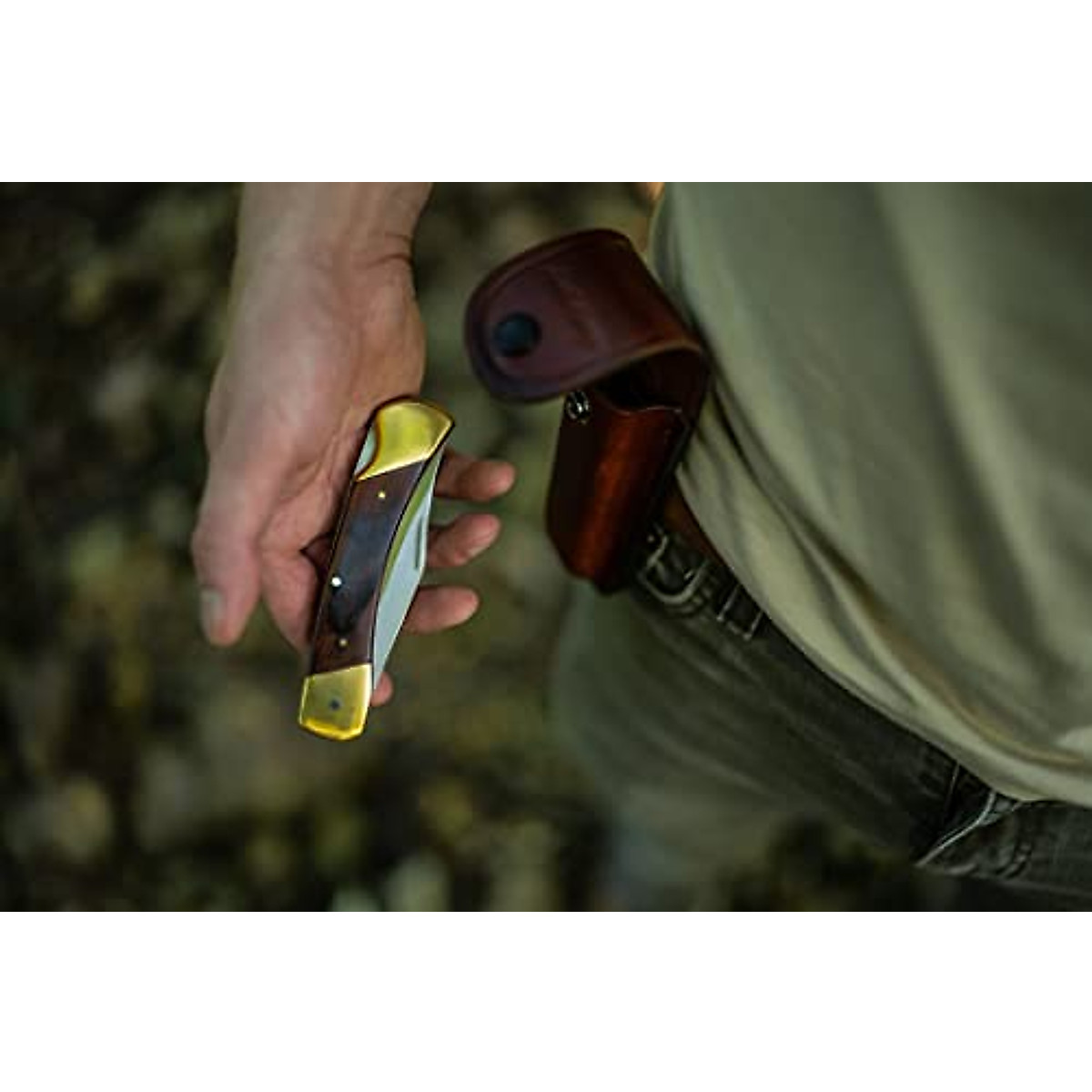 Uncle Henry LB7CP Bear Paw Traditional Lockback Pocket Knife with 3.7in Clip Point High Carbon S.S. Blade, Wood Handle, Brass Bolsters, and Leather Belt Sheath for EDC, Hunting, Camping, and Outdoors,Brown