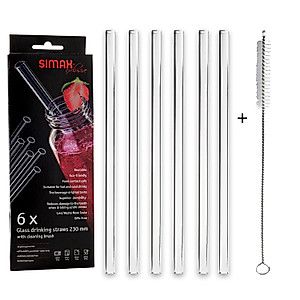 Simax Reusable Glass Drinking Straws - For Smoothies, Boba, Milkshake, Iced Coffee, etc. - Shatter Resistant Borosilicate Glass Straws For Hot And Cold Drinks - Pack of 6 Drinking Straws With Brush