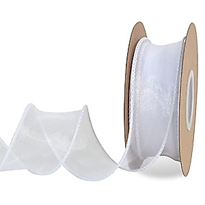 TONIFUL 1-1/2 Inch Wide White Wired Chiffon Ribbon Sheer Organza Ribbons for Crafts Floral Bouquets Wedding Car Party Decorations Valentine's Day Gift Wrapping Bow Making Tree Wreaths Decoration