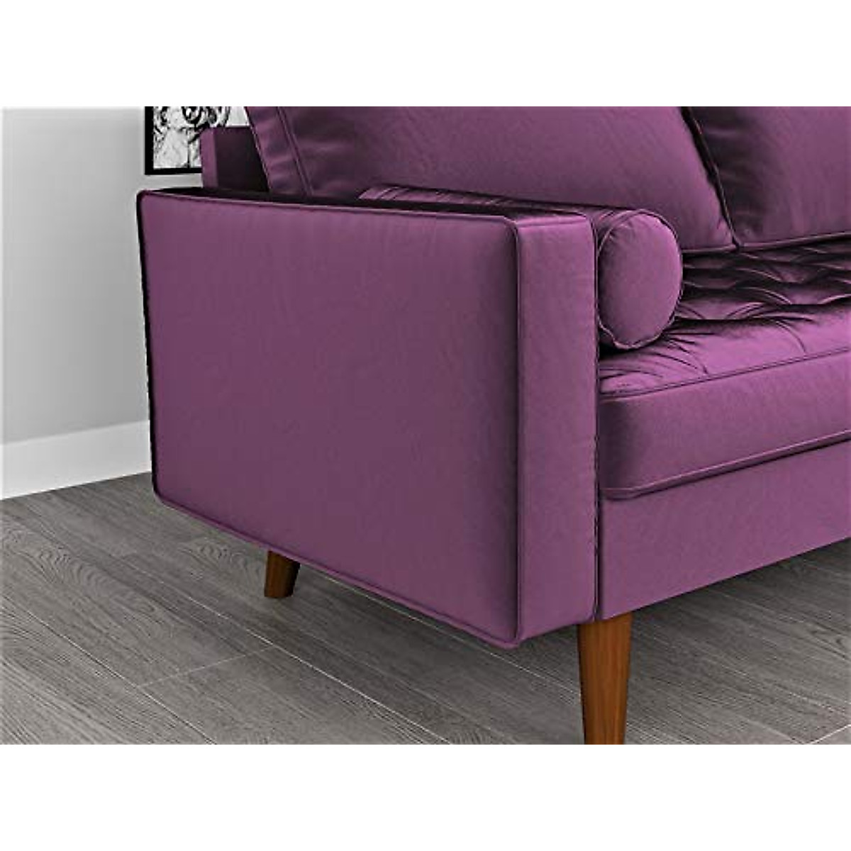 Container Furniture Direct Womble 58 Inch Velvet Loveseat Sofa with Elegant Button Tufted Upholstery, Square Arms, Splayed Wood Legs, Includes Matching Bolster Pillows, Ruby