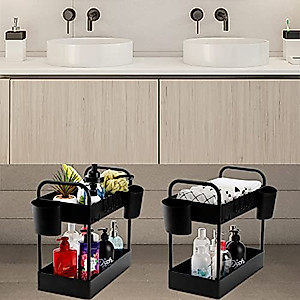 Jucoan 2 Tier Bathroom Sink Countertop Storage Organizer Kitchen Countertop Spice Rack with Hooks, Cups and Handle, Pantry Shelves Seasoning Storage Shelf for Kitchen Bathroom Vanity