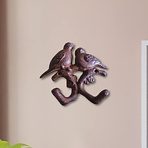 Comfy Hour 4.45" Cast Iron Double Birds Two Key Coat Hooks Wall Hanger Clothes Rail Set, Heavy Duty, Rustic Recycled, Brown, Antique & Vintage Collection