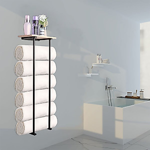 TocTen Towel Racks for Bathroom, Wall Mounted Towel Storage Rack, Wall Towel Rack with Wooden Shelf Can Holds 3 Large Towels, Rolled Towels Storage Organizer for Small Bathroom (Black, 16 Inch)