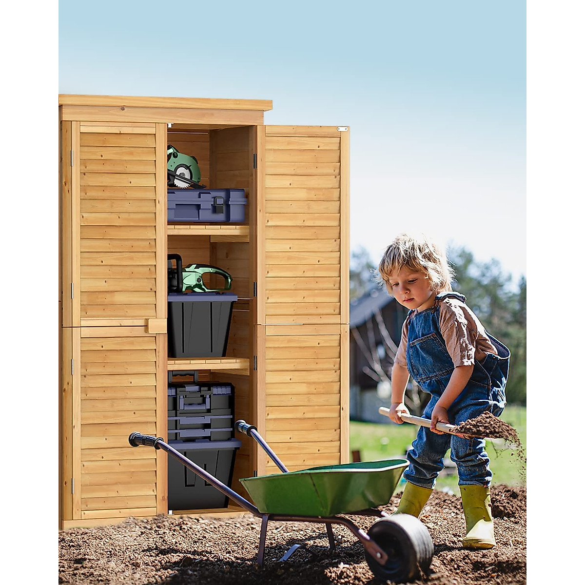 63.2" Outdoor Storage Cabinet with 3 Detachable Shelves, Lockable Wooden Garden Shed with Asphalt Roof, Vertical Tool Storage Shed for Backyard Patio Lawn Deck