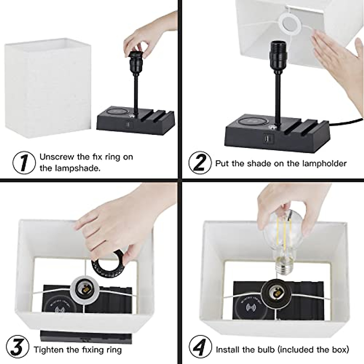 YUNHONG Bedside Lamp Set of 2,Wireless Charger Table Lamp with USB A+C Ports and AC Outlet,3 Way Dimmable Touch Nightstand Lamps for Bedroom and Living Room (LED Bulbs Included)