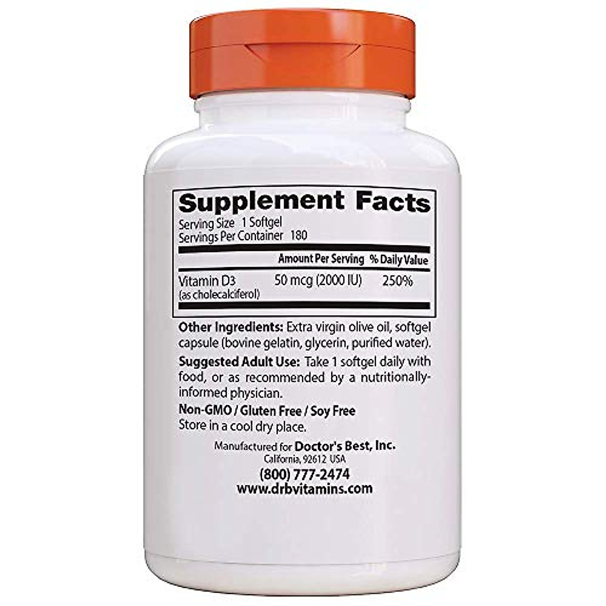 Doctor's Best Vitamin D3 2 000 IU Healthy Bones Teeth Heart Immune Support NonGMO GlutenFree Soy Free , 180 Count