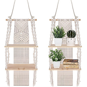 Barydat 2 Pack Macrame Wall Hanging Shelf 2 Tier Handmade Boho Hanging Wall Shelf Floating Woven Rope Hanging Shelves Decorative Storage Racks Holder Organizer for Home Bedroom Bathroom Plants, Beige