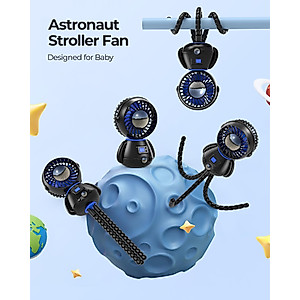 Koonie Astronaut Portable Stroller Fan, Baby-Safe Clip-on with Detachable Flexible Tripod, Rechargeable Battery-Operated, 3-Speeds, 270° Rotation - Ideal for Car Seats, Cribs, Treadmills, Travel
