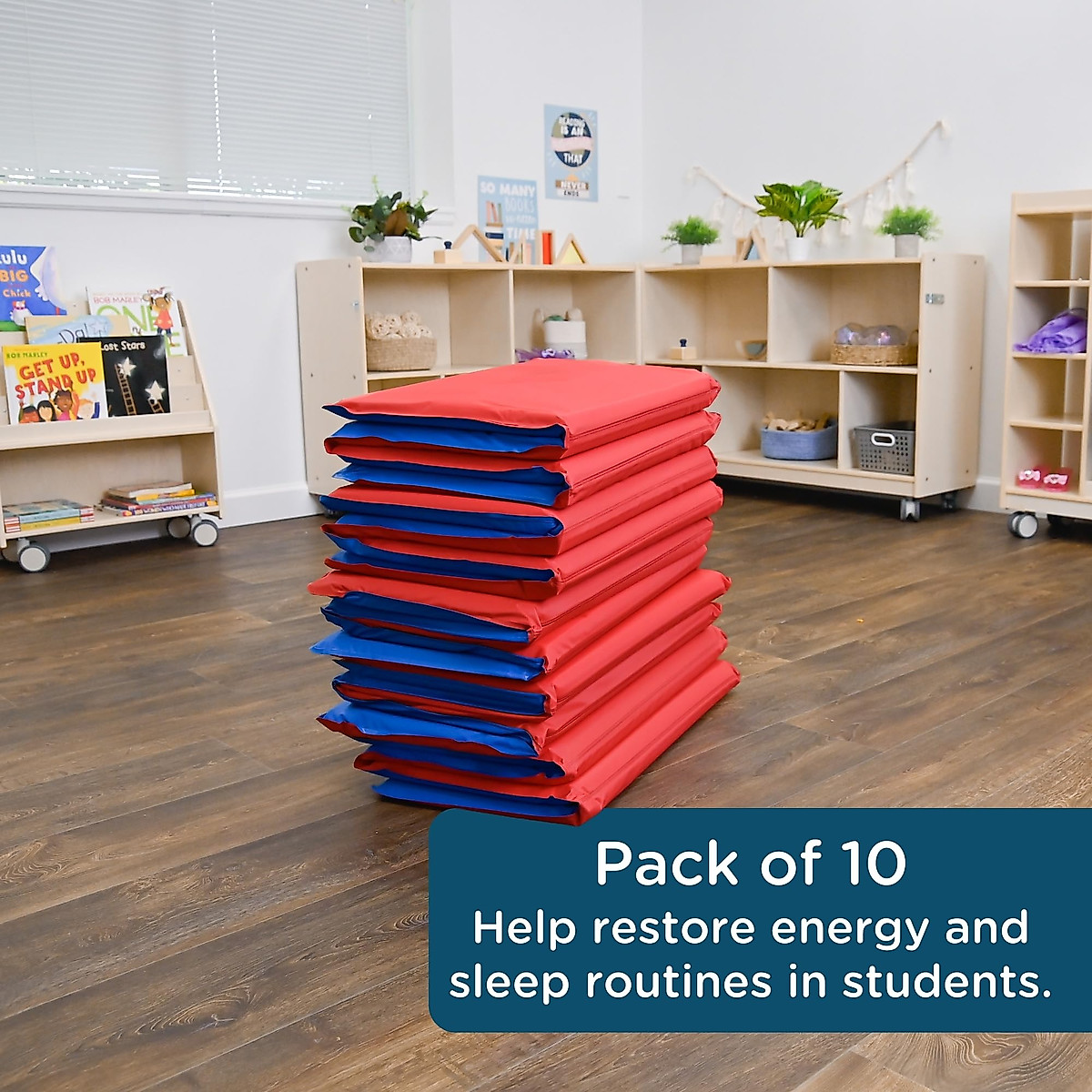 Children’s Factory 1 Inch Thick Rest Mats for Preschool, 4-Section Nap Mats for Daycare, Nursery, Classroom, Red-Blue, 10 Pack