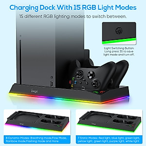 RGB Charging Stand with Cooling Fan for Xbox Series X Console &Controller,Dual Charger Station Cooler System Accessories with 15 RGB Light,2x1400mAh Rechargeable Battery,Headphone stand,Game Disc Slot