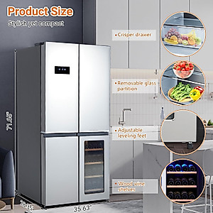 GarveeHome 36 Inch French Door Refrigerator, 21 Cu.Ft. Counter Depth Refrigerator Bottom Freezer with Wine Cabinet, Stainless Steel 4 Doors Fridges Kitchen Freezer, Adjustable Shelves