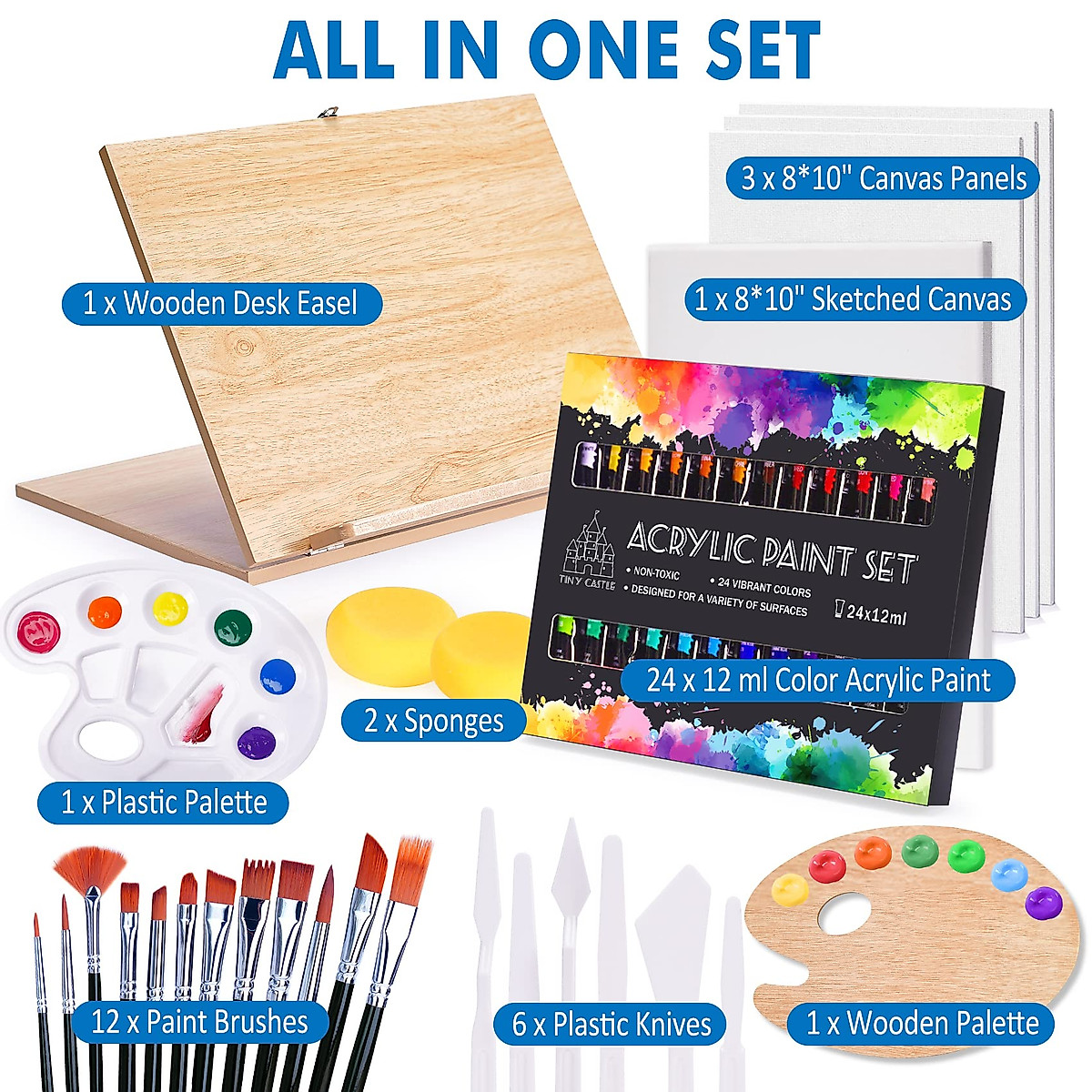 Easel Art Set, 40 Piece Painting Supplies with 1 Art Easel, 24 Acrylic Paint Set, 4 Painting Canvas, 12 Paint Brushes & Necessary Paint Set Tools, Art Supplies for Kids Adults Beginners Artists Pros