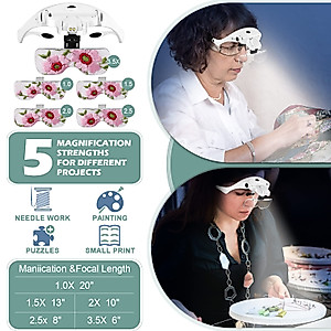 Rechargeable Headband Magnifying Glass with Storage Case, Hands Free Head Magnifier Glasses with LED Light, 1X-1.5X-2X-2.5X-3.5X Lighted Magnifying Headset for Close Work Reading Craft Jewelers Hobby