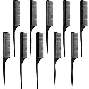 10 Pieces Rat Tail Comb Styling Carbon Heat Resistant Comb Anti Static Teasing Comb for Back Combing Root Teasing Adding Volume Evening Styling Black