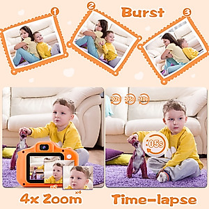 PROGRACE Kids Camera for Boys Girls - Dual Selfie Mini Children Camera Age 3 4 5 6 7 8 9 Year Old Kids Camcorder Birthday 𝗚𝗶𝗳𝘁 for Girls Boys Toy Camera for Kids Video Camera Recorder Orange