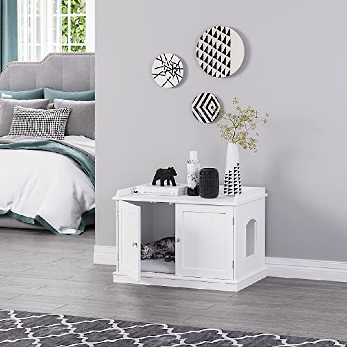 PAWLAND Cat Litter Box Enclosure, Litter Box Furniture Hidden, Indoor Cat Toilet House for Pet Cat, Cat House Side Table with Vent Holes, White