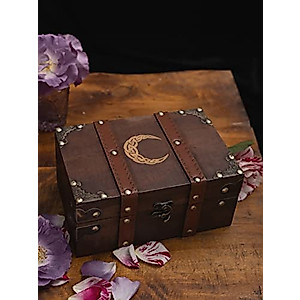 Gbrand 8.3" Wood and Leather Celtic Moon Chest Box, Crescent Wooden Box with Velvet Lining, Vintage Tarot Box (Box Only)