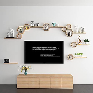 Aumneppa Hexagon Floating Shelves Set of 5, Wall Mounted Wood Farmhouse Storage Honeycomb Wall Shelf for Wall Decor, Bathroom, Kitchen, Bedroom, Living Room, Office and More (Natural)