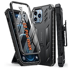 FNTCASE for iPhone 12-Pro-Max Phone Case: with Built-in Screen Protector & Kickstand & Belt-Clip Holster, Full-Body Dual Layer Rugged Military Shockproof Protective Cover-Black