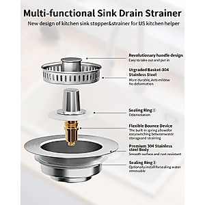 RLQXG 3 in 1 Kitchen Sink Drain Strainer [304 Stainless Steel Pop Up] Anti-Clogging Kitchen Sink Drain Stopper Stainless Steel Efficiently Drainage Odor Filter Sink Plug for Us Standard 3-1/2 Inch