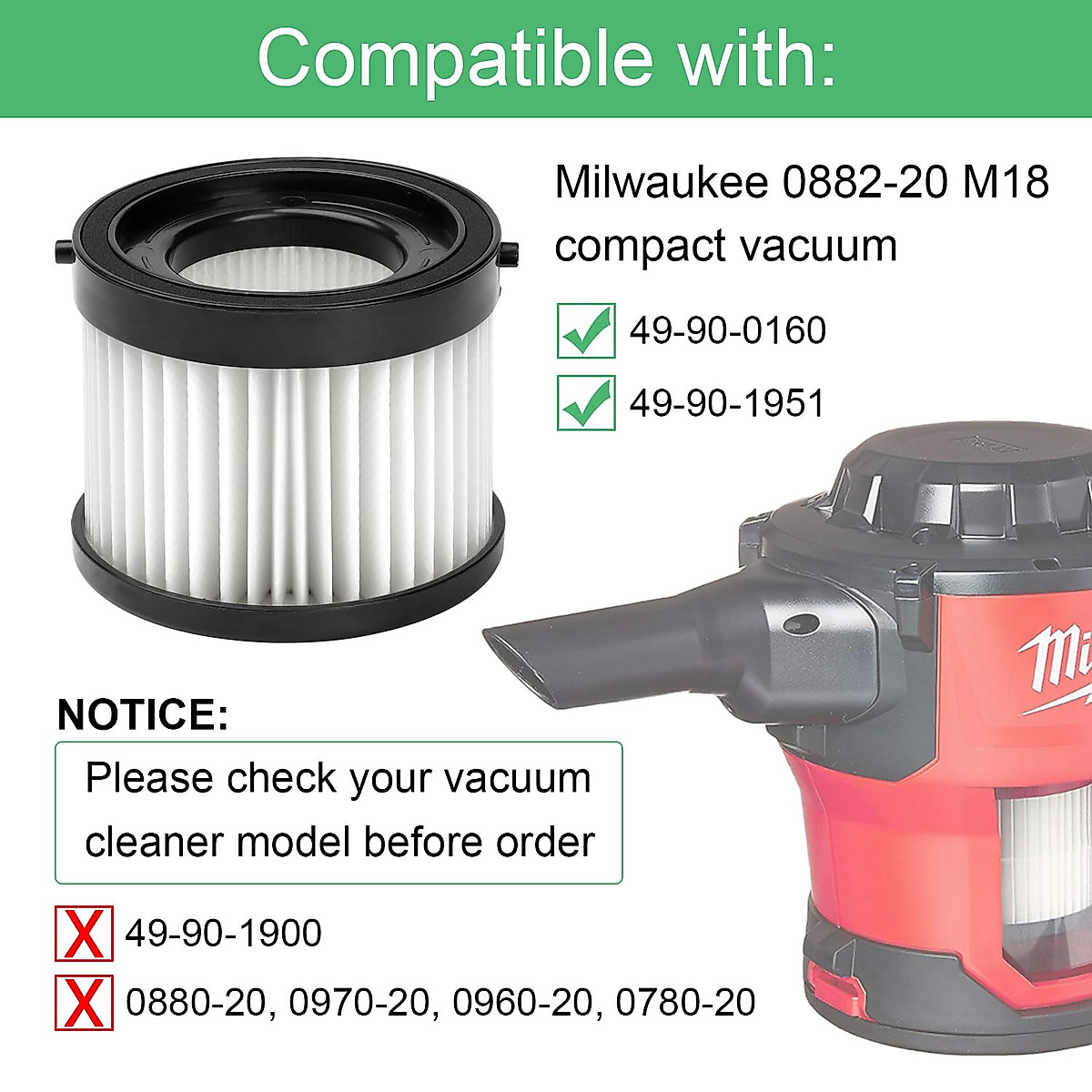 4 Pack Vacuum Filter Replacement Compatible with Milwaukee 49-90-0160, 0882-20 M18 Compact Vacuum Wet Dry Cartridge Filters Washable and Reusable