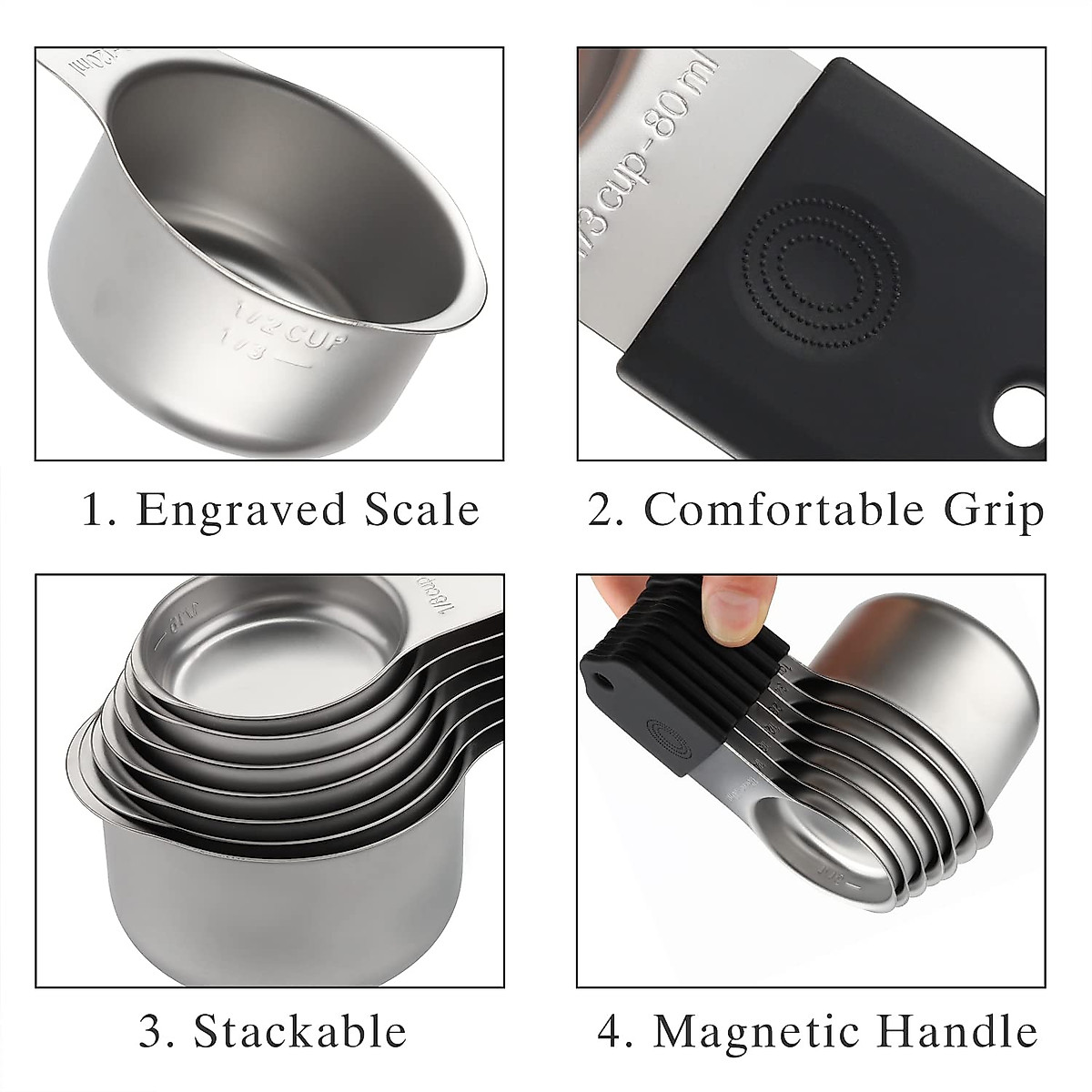 Magnetic Measuring Cups and Spoons Set Including 7 Stainless Steel Stackable Measuring Cup 8 Double Sided Magnetic Measuring Spoons with 1 Leveler for Dry and Liquid Ingredients (black)