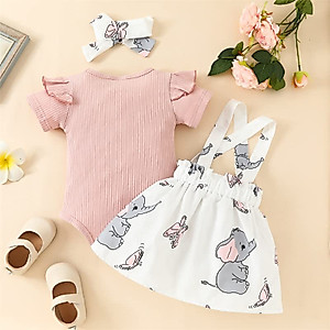 Maemukilabe Infant Newborn Girl Elephant Outfits Headband Ruffle Romper Suspender Skirt Sets Baby Girls ' Clothing Sets (Pink, 0-3 Months)