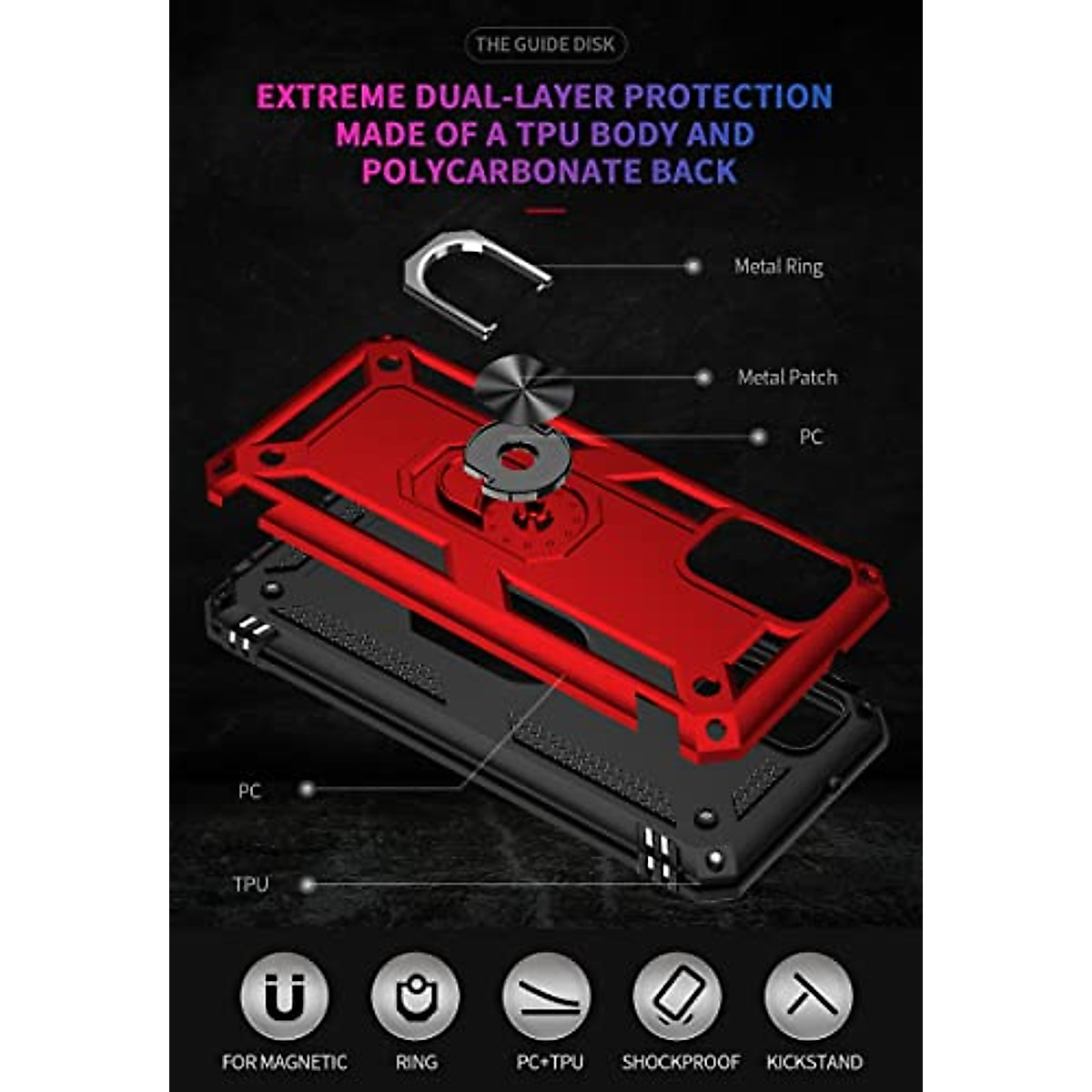 PUSHIMEI for Samsung Galaxy A03S Case with HD Screen Protector (Military Grade 16ft. Drop Tested) Magnetic Ring Holder Kickstand Protective Phone Case for Samsung Galaxy A03S, Red