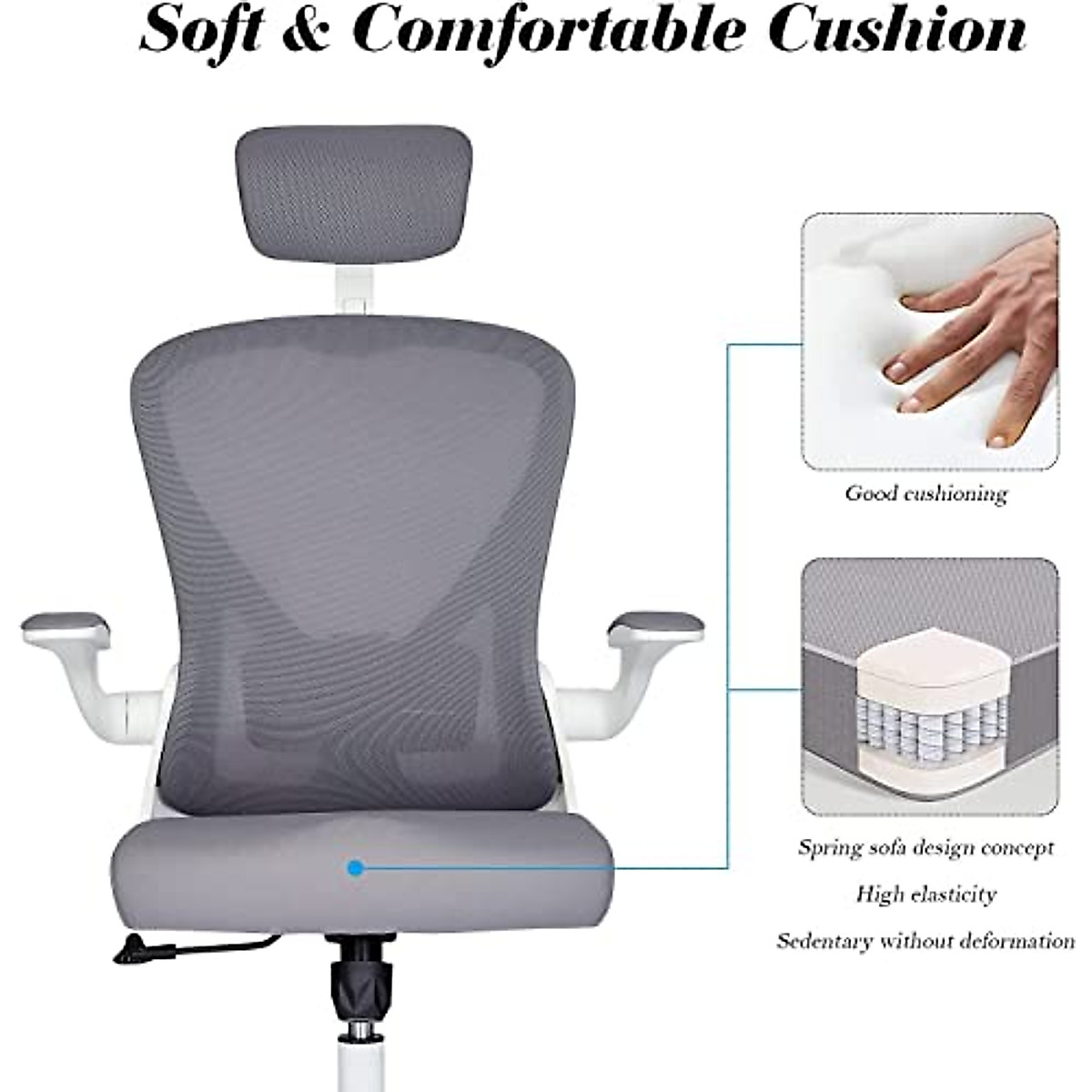 Moppson Ergonomic Office Chair, High Back Desk Chair,360-Degree Swivel,Adjustable Height with Flip-Up Arms,Tilt Function,Cushion for Lumbar Support Office Chair (White)