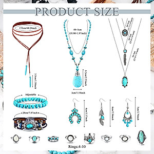 Sanfenly Bohemian Turquoise Jewelry Set for Women Pendant Necklaces Bracelets Earrings Rings, Metal, Cubic Zirconia