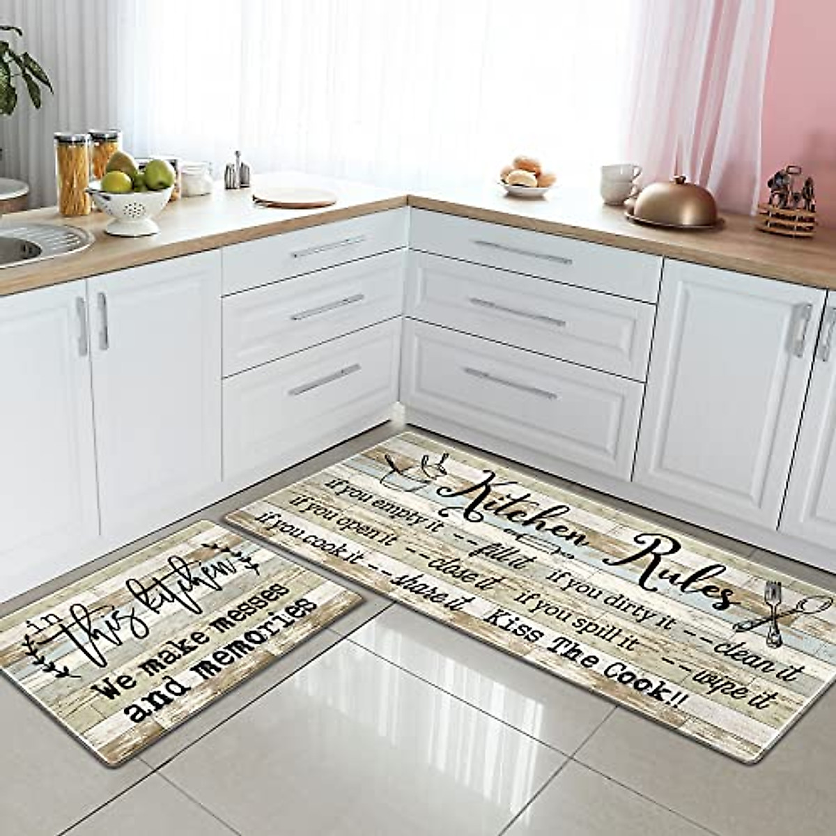 HomeStretch Kitchen Mat Set of 2, Kitchen Rugs Anti-Fatigue Non-Slip Kitchen Floor Mats Waterproof Standing Mat with Sayings, Warming Gifts for Kitchen Decor, 17"x 30"+17"x 47"