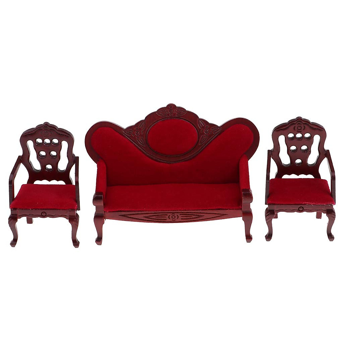 EatingBiting 1:12 Miniature Living Room Furniture Vintage Red Wooden Sofa Armchair Couch Table 3pcs Set Sofa + 2 Chairs