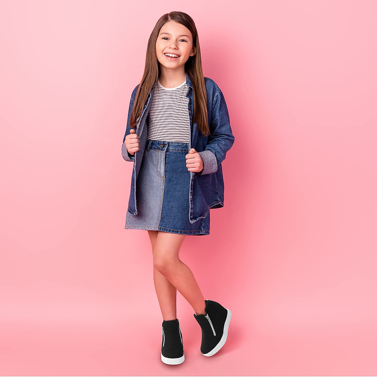 shoeslocker Girls Wedge Sneakers Ankle Platform Sneakers for Girls Nonslip Fashion Shoes with Double Side Zippers Black Size 2