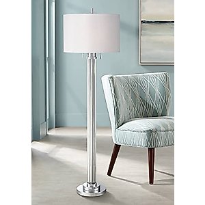 Possini Euro Design Cadence Modern Glam Style Floor Lamp Art Deco 62" Tall Brushed Nickel Crystal Glass Standing Column Linen Fabric Drum Shade for Living Room Reading House Bedroom