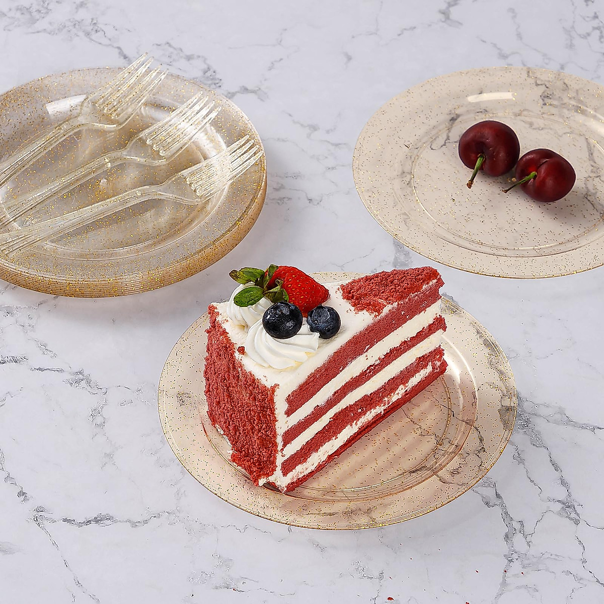 Goodluck 60 Plastic Dessert Plates 6.3" with 60 Plastic Forks 5.7", Gold Glitter Disposable Plates for 60 Guests, Heavy Duty Plastic Plates for Party, Appetizer Plates for Wedding